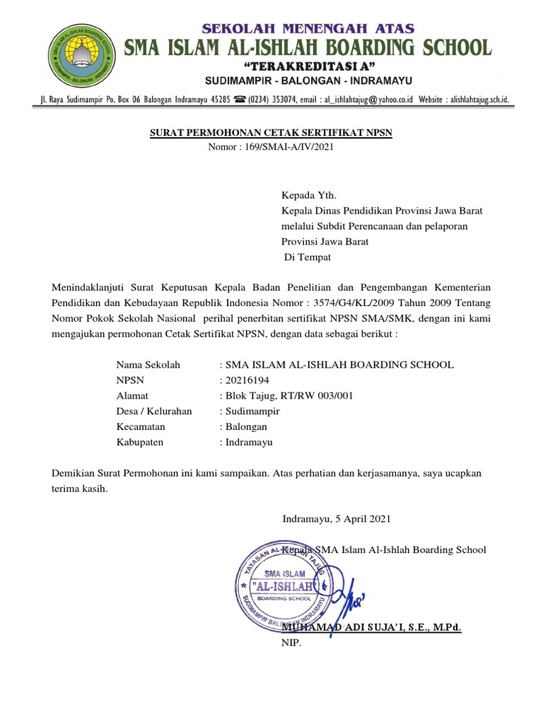 FORMAT - Surat-Permohonan-Cetak-Npsn Al-Ishlah | PDF