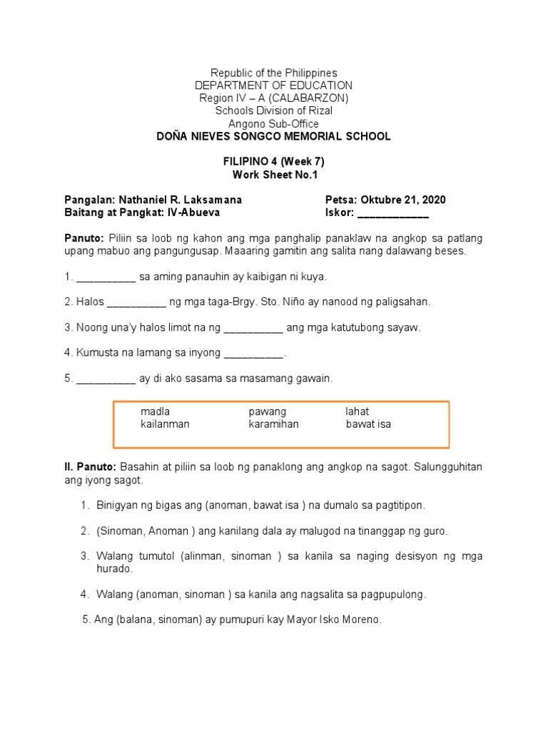 Filipino 4 Worksheet Week 7 Q1 | PDF