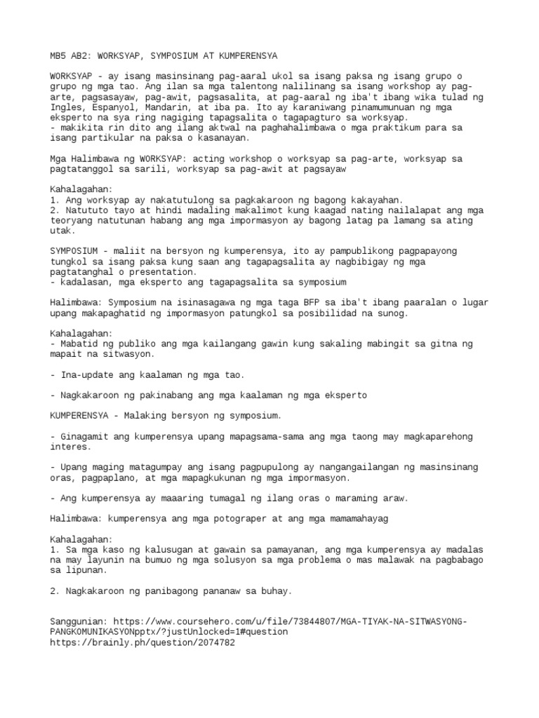 MB5 Ab2 Worksyap, Symposium at Kumperensya | PDF