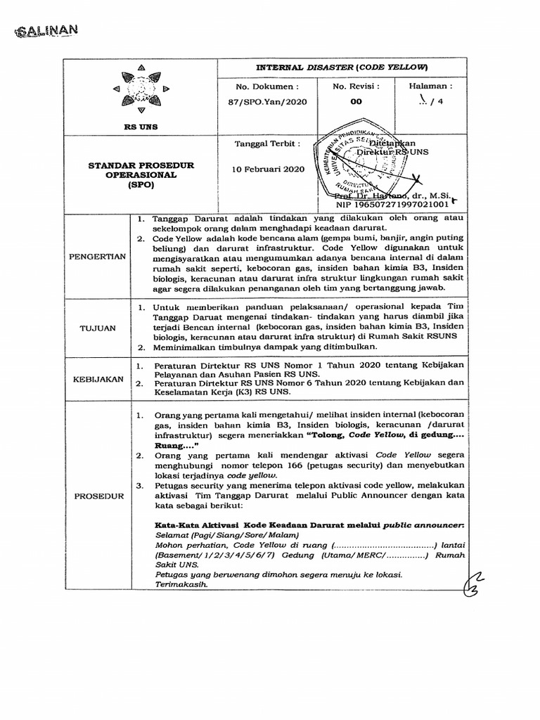 SPO Internal Disaster (Code Yellow) | PDF