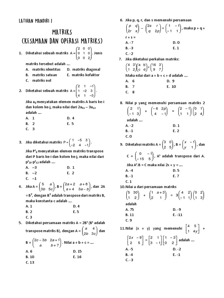 Latihan Mandiri 1 (Kesamaan Dan Operasi Matriks) | PDF