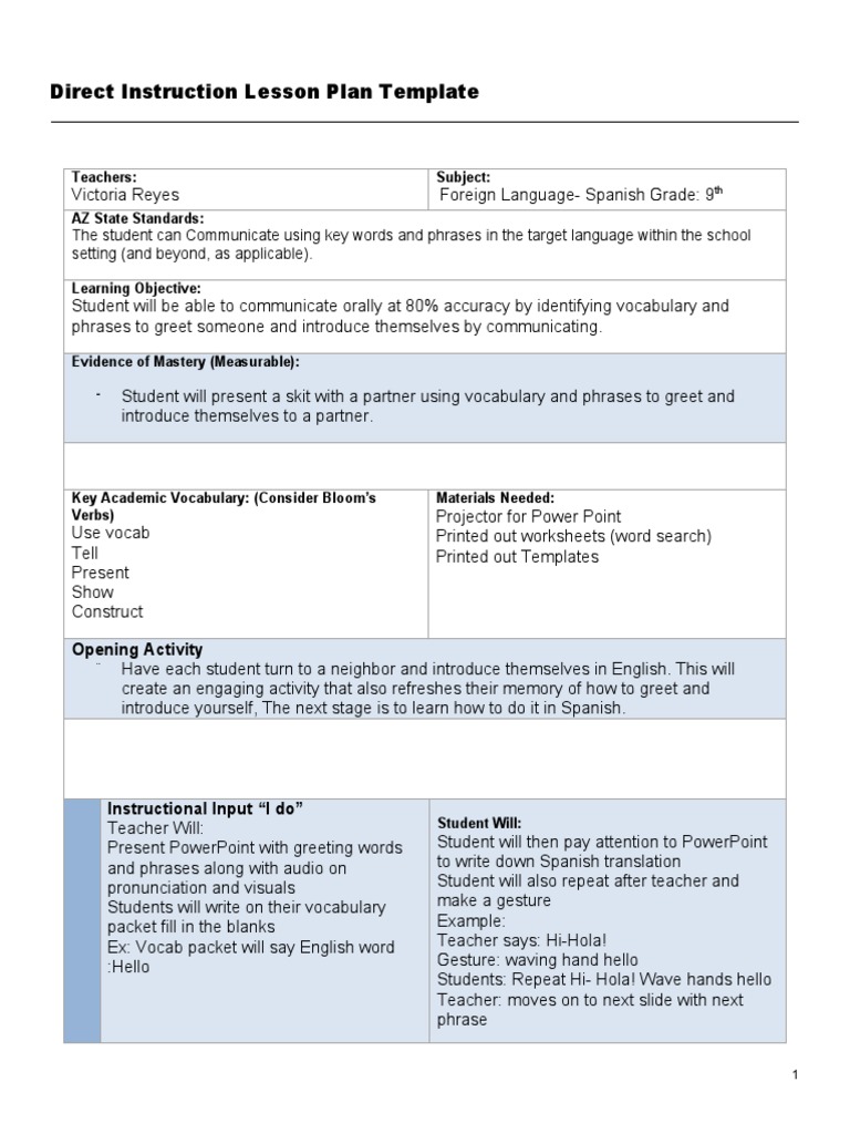 Direct Instruction Lesson Plan Template-Week 6-2 | PDF | Vocabulary ...