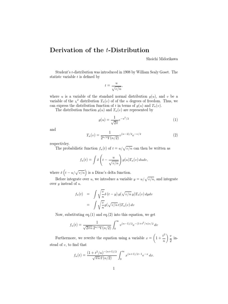 Derivation of The T-Distribution: T U V/N | PDF | Applied Mathematics ...