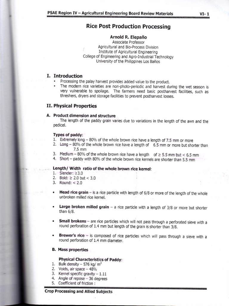 Rice Post-Harvest Processing: A Review of Physical Properties, Drying ...