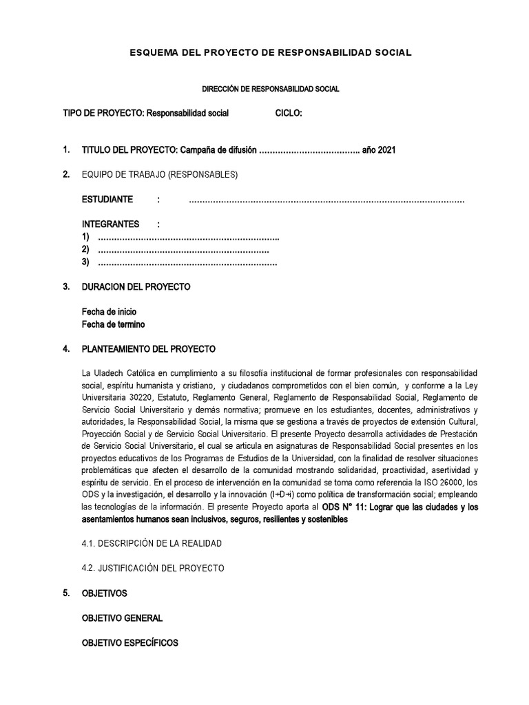 Esquema Del Proyecto de Responsabilidad Social | PDF | Trabajo Social