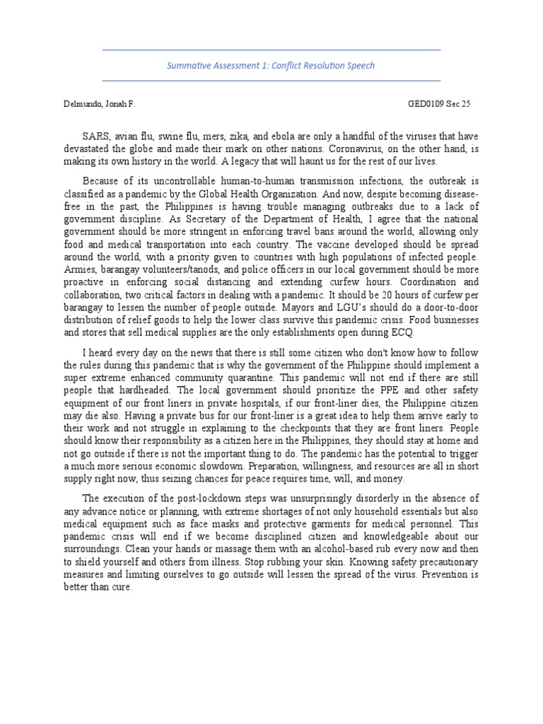 Summative Assessment 1: Conflict Resolution Speech | PDF | Pandemic ...