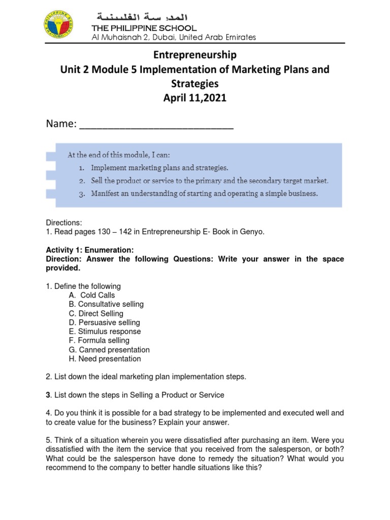 Entrepreneurship Unit 2 Module 5 Implementation of Marketing Plans and ...