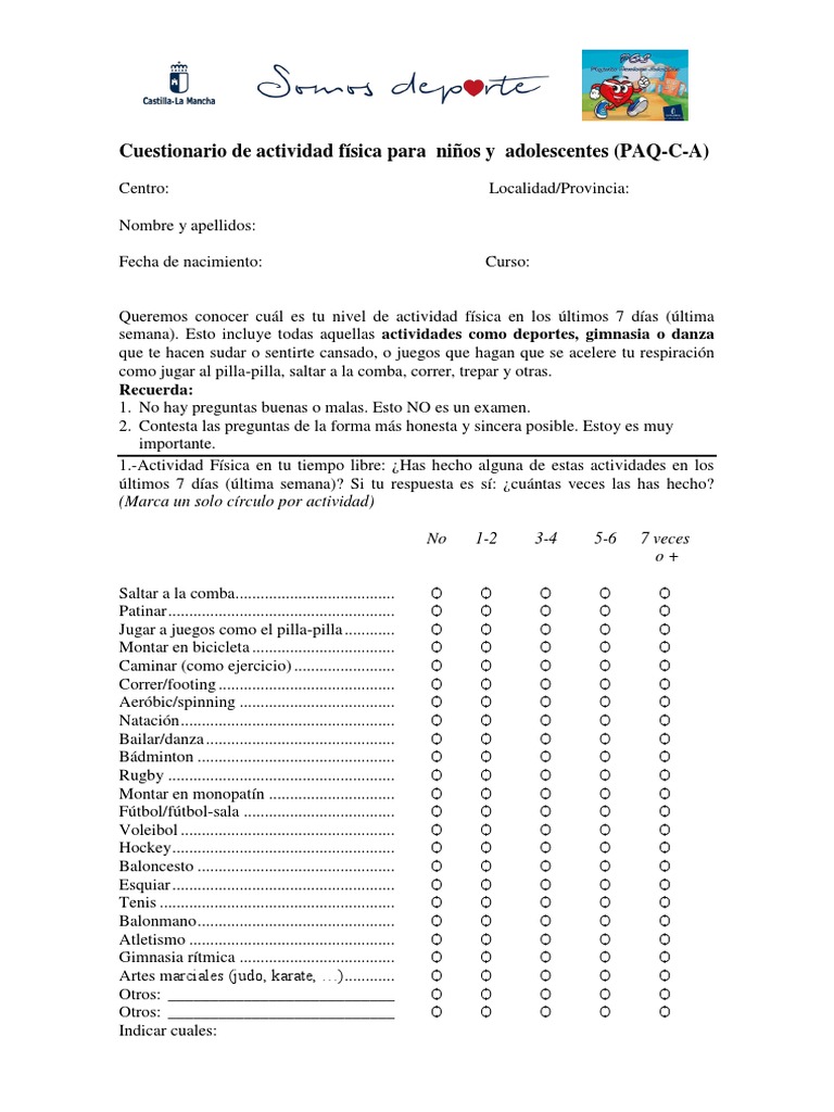 Cuestionario de Actividad Física para Niños y Adolescentes (PAQ-C-A ...
