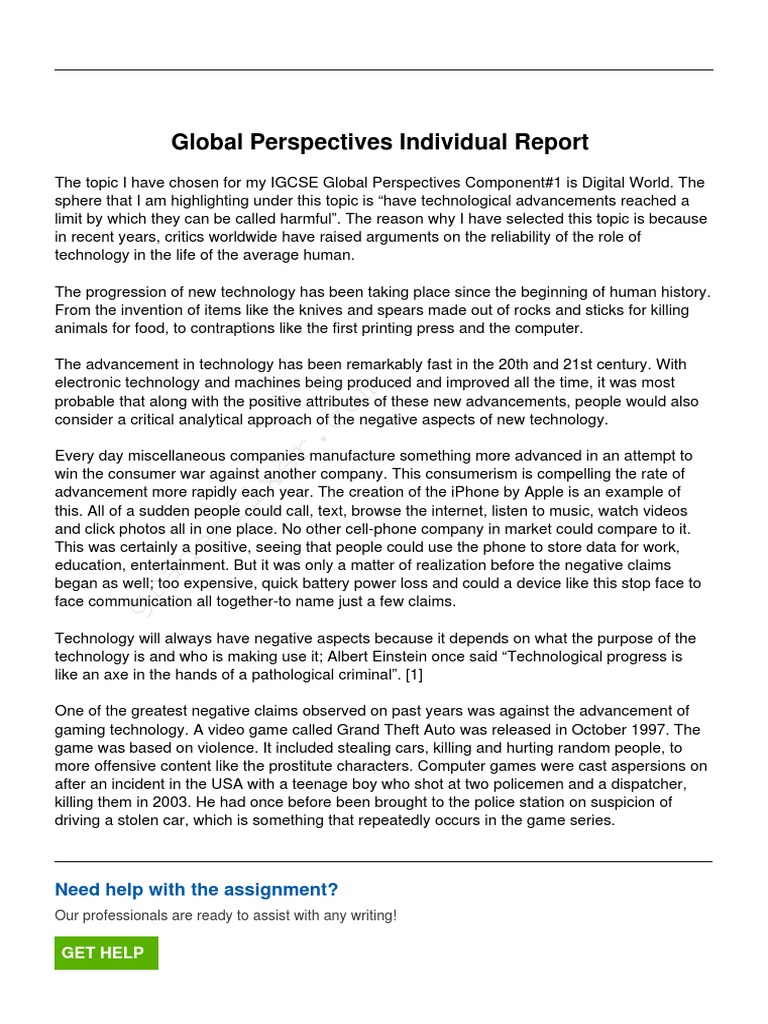 Global Perspectives Individual Report: Need Help With The Assignment ...