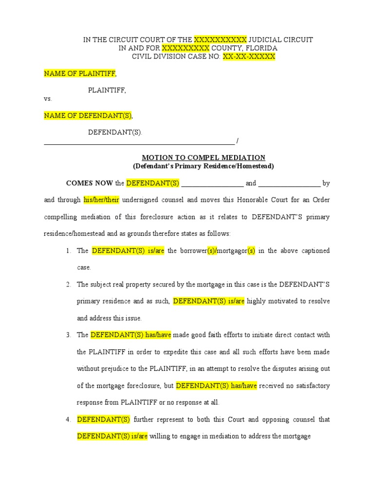 MOTION TO COMPEL MEDIATION Template | PDF | Foreclosure | Short Sale ...
