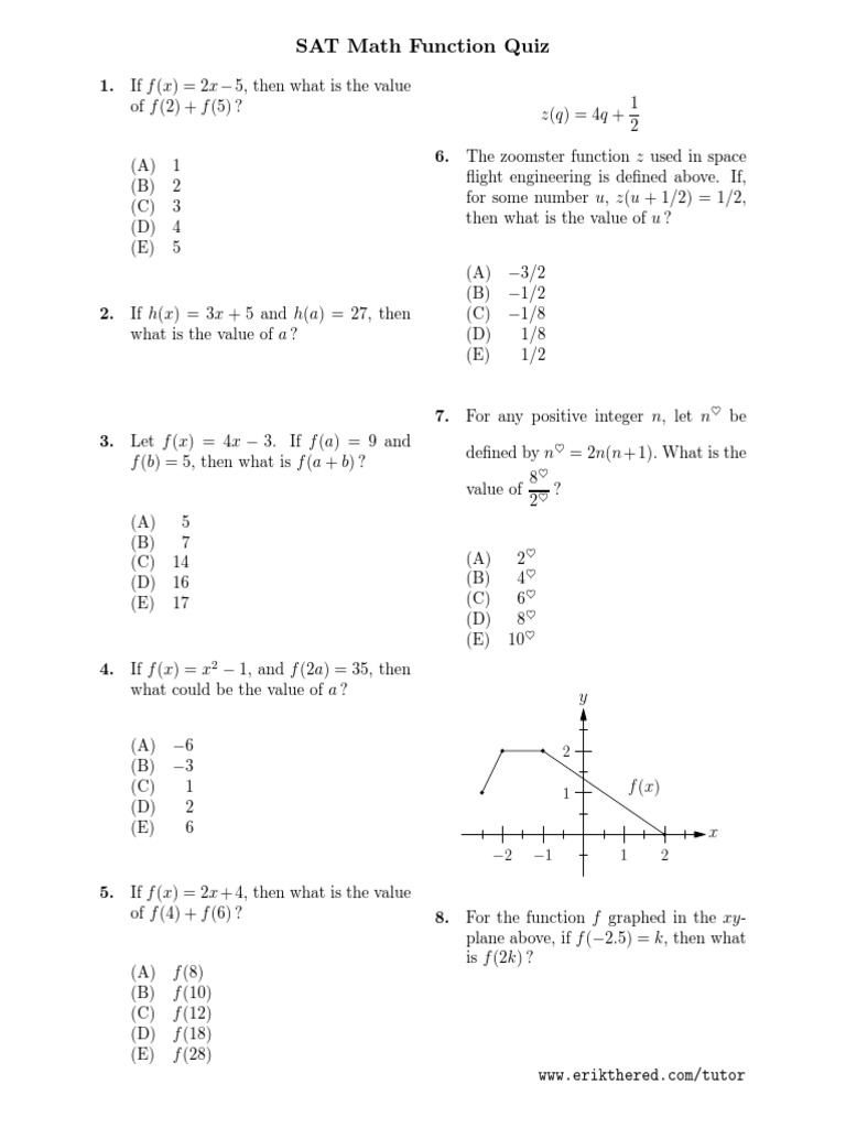 Sat Math Function Quiz | PDF | Function (Mathematics) | Analysis