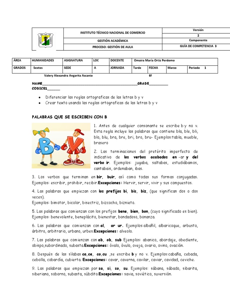 Reglas ortográficas de B y V en primaria | PDF