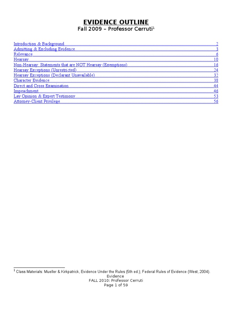 Evidence - Outline - Cerruti Fall 2010 | PDF | Relevance (Law ...
