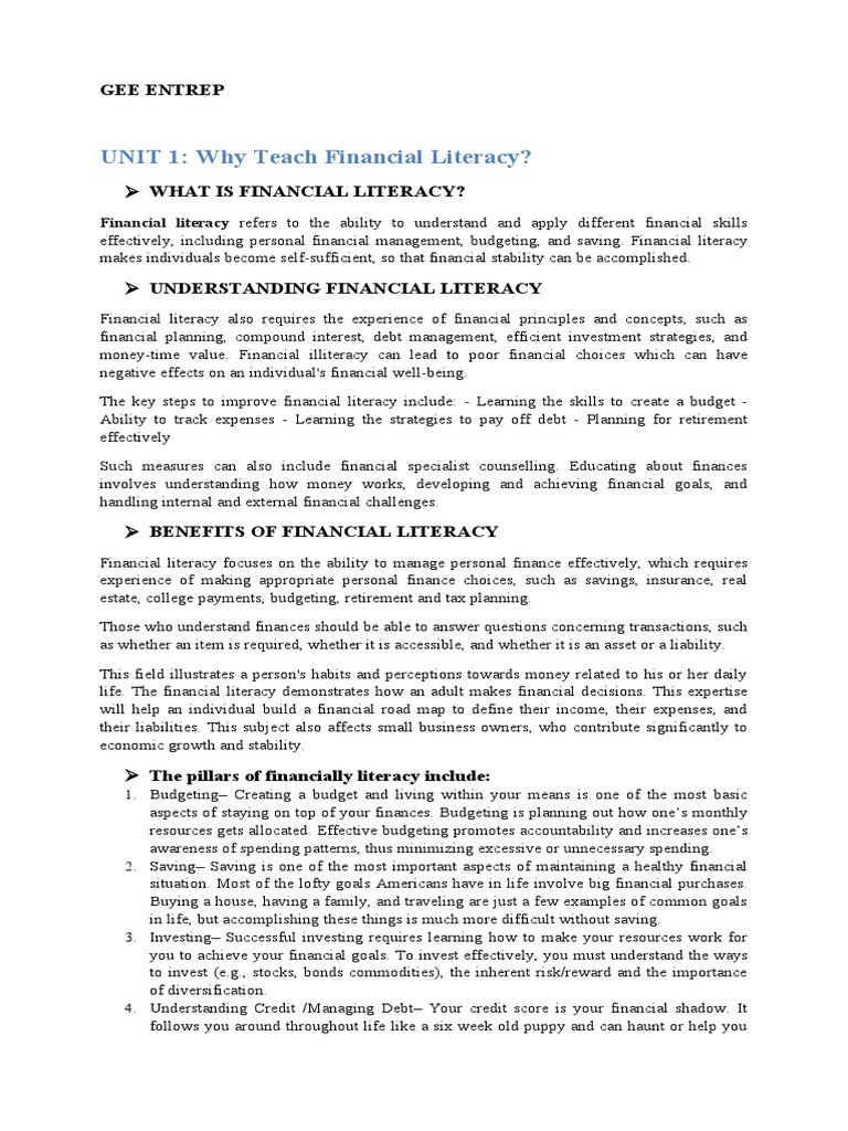 Financial Literacy and Entrepreneurship: Pillars for Success | PDF ...