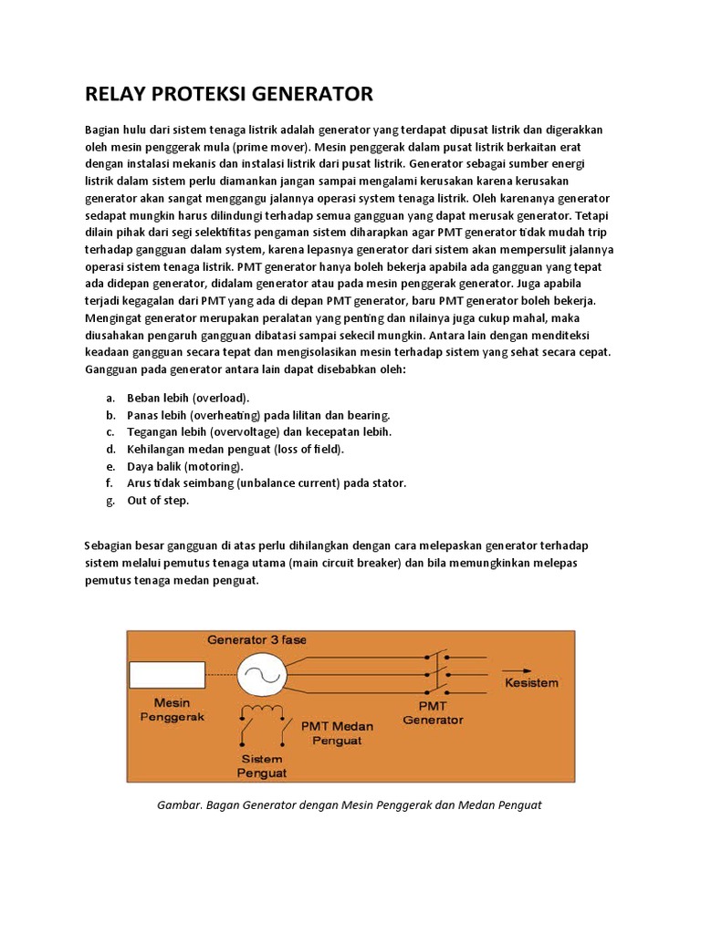 Relay Proteksi Generator: Gambar. Bagan Generator Dengan Mesin Penggerak Dan Medan Penguat | PDF