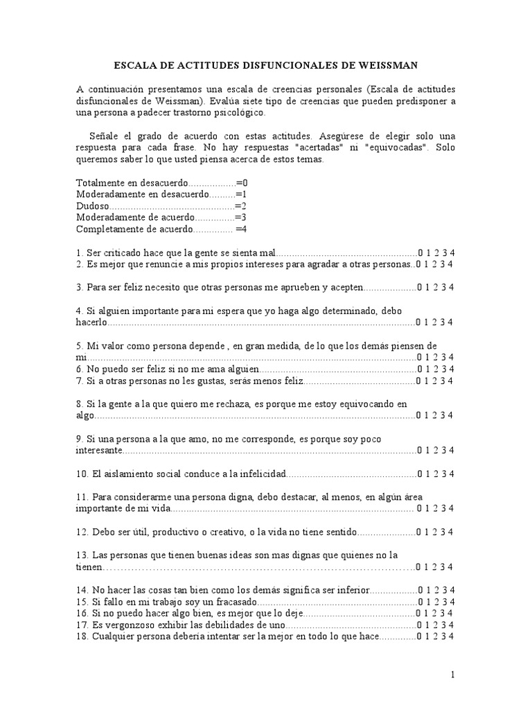 Escala de Actitudes Disfuncionales de Weissman | PDF | Felicidad | Amor