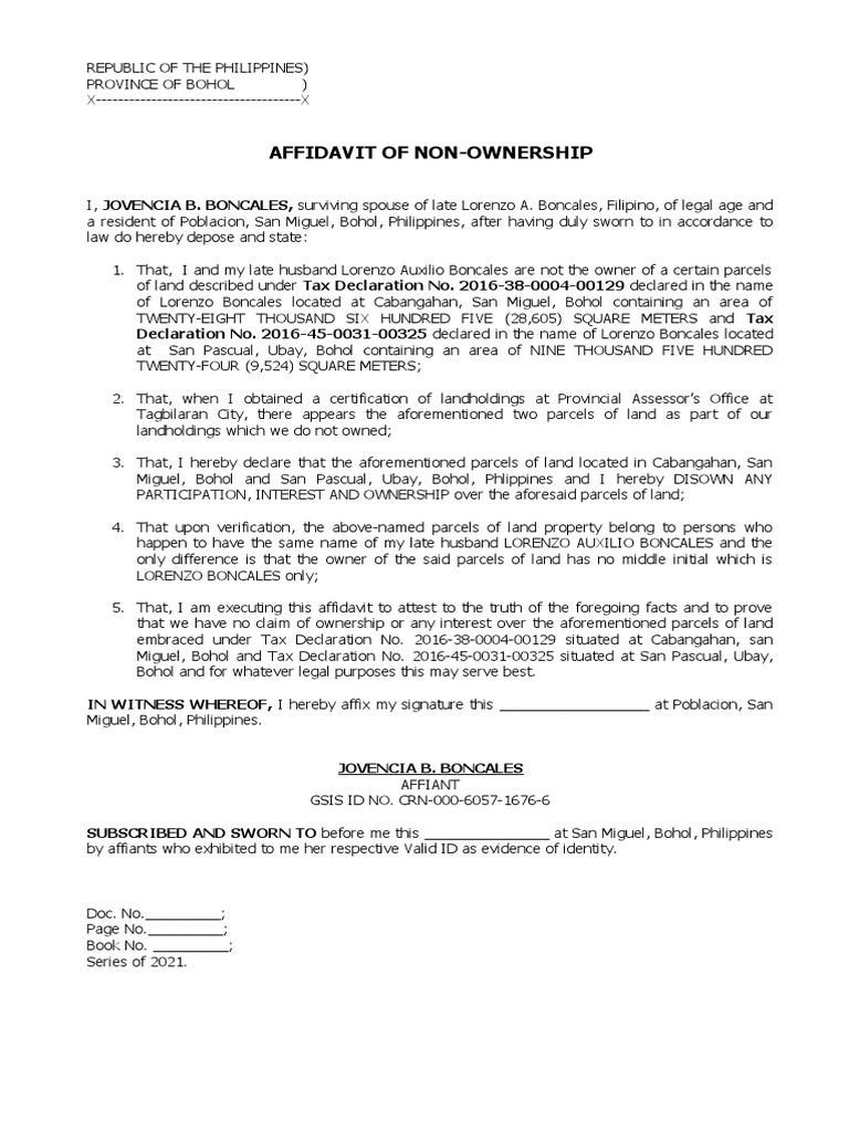 Affidavit of Non Owership | PDF | Affidavit | Civil Law (Common Law)