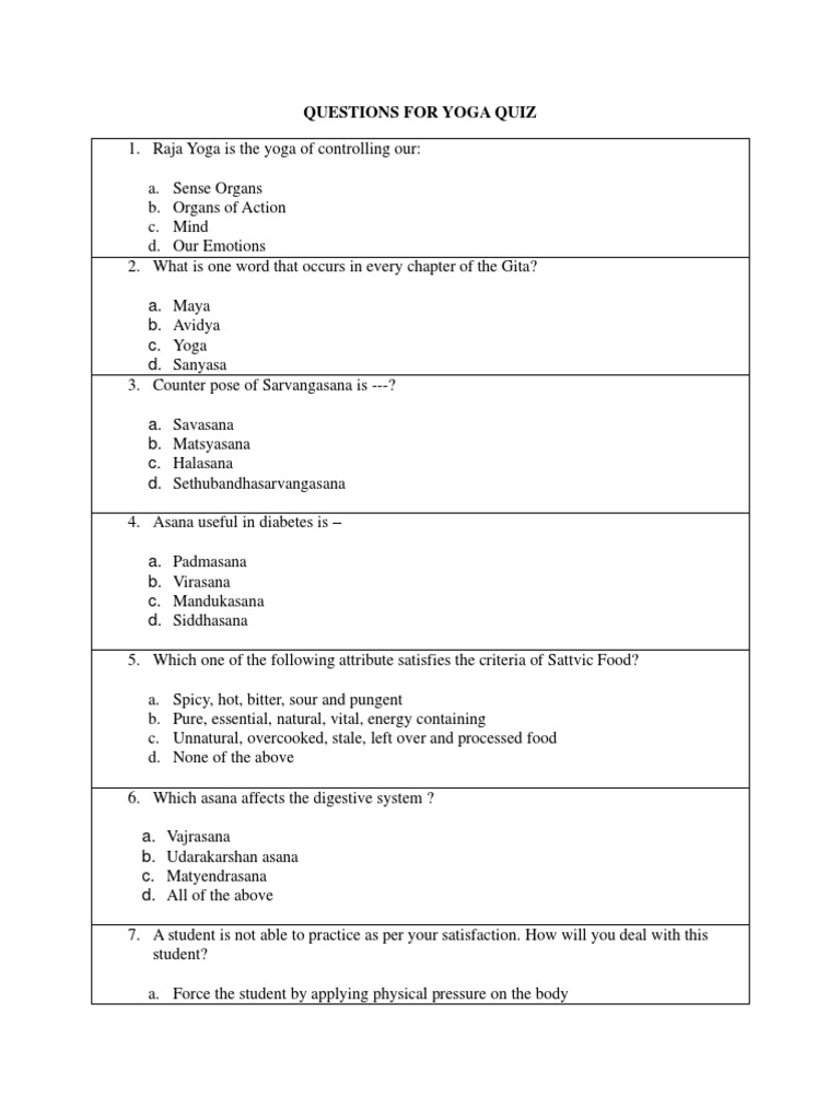 YOGA QUIZ Questions (Dublin) | PDF | Yoga | Asana