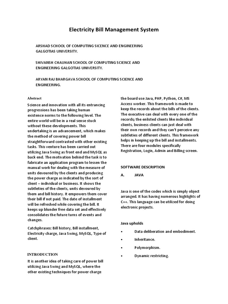 Electricity Bill Management System: Software Description A. Java | PDF ...