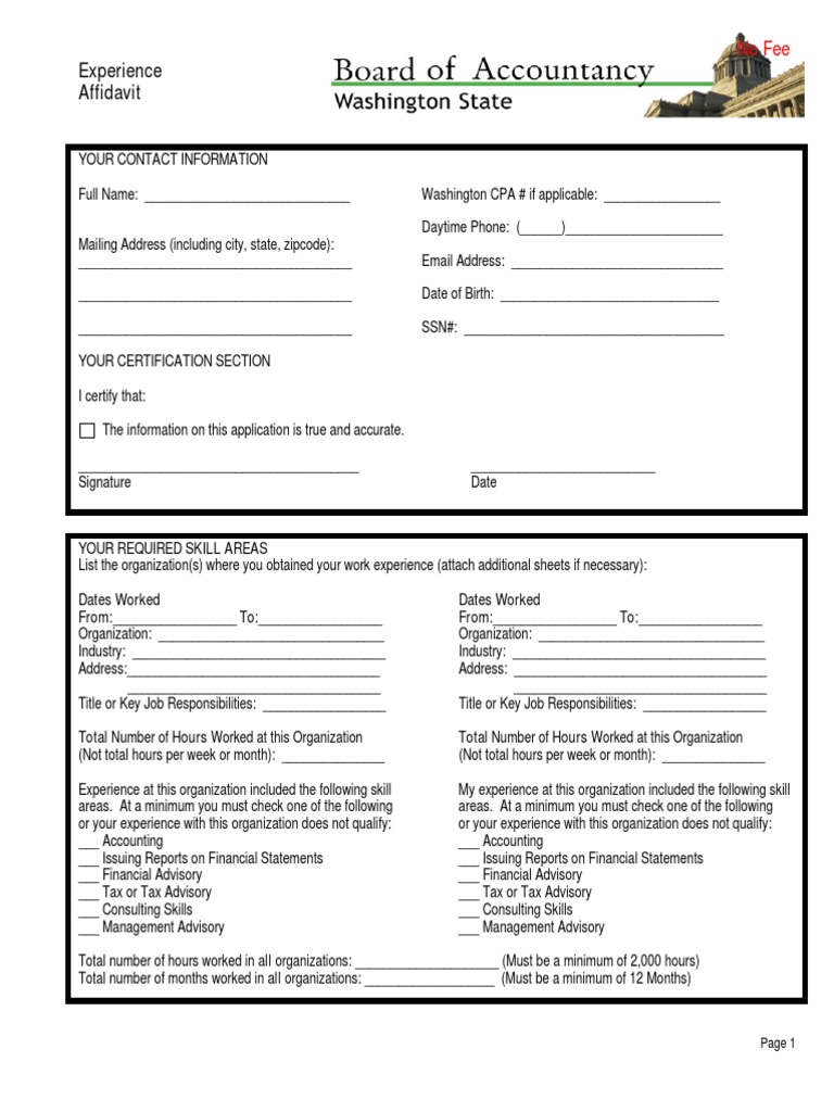 Washington CPA Experience Affidavit | PDF | Certified Public Accountant ...