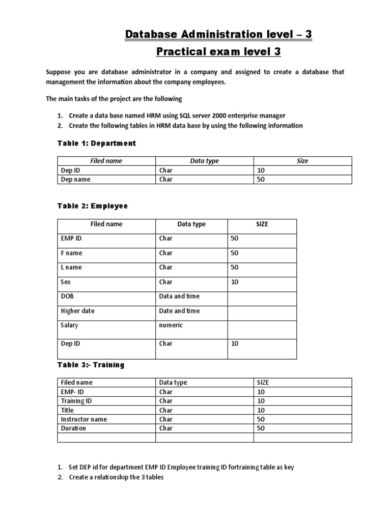 Database Administration Level - 3 Practical Exam Level 3: Filed Name Data Type Size | PDF ...