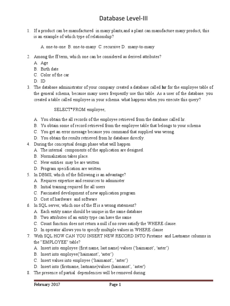 Database Level-III: February 2017 | PDF | Relational Database | Databases