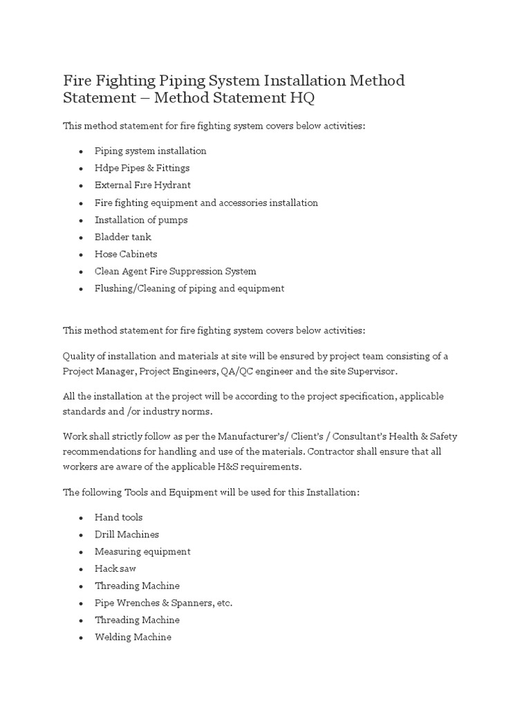 Fire Fighting Piping System Installation Method Statement | PDF | Pipe (Fluid Conveyance) | Welding