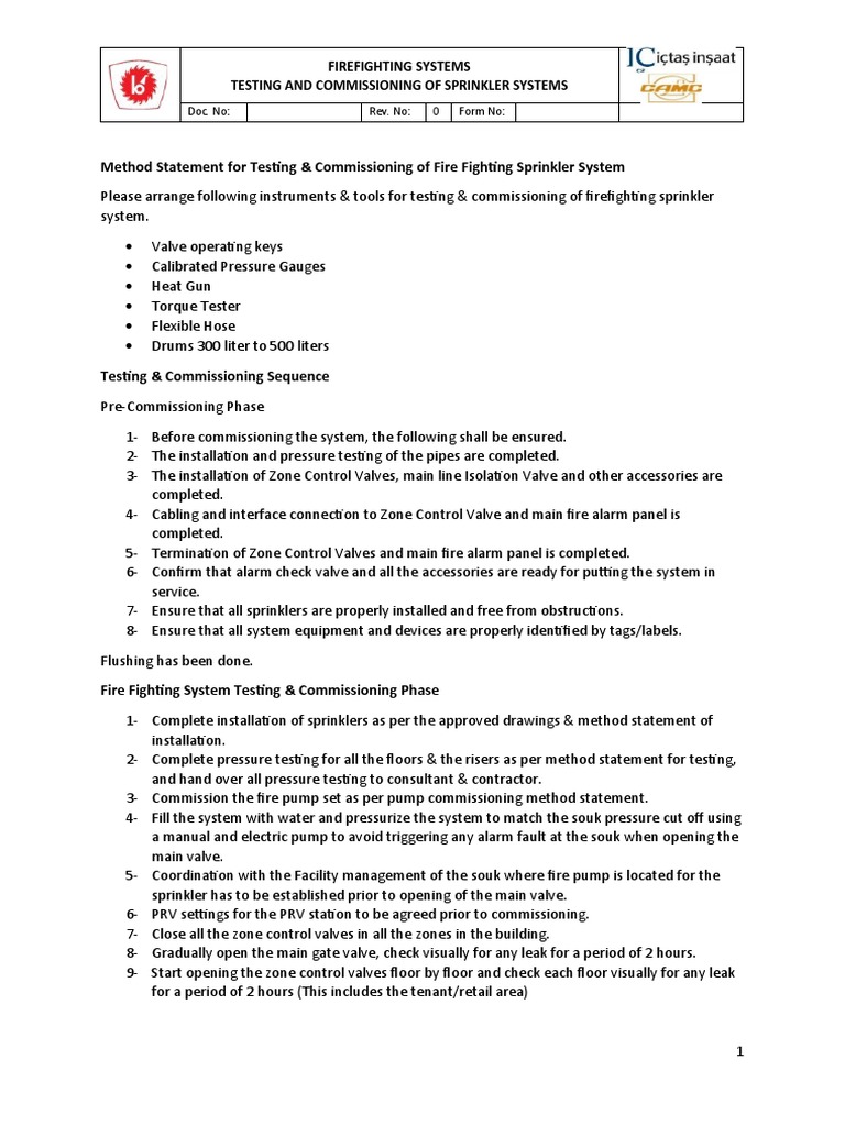 Sprinkler System Testing-Commissioning Method Statement | PDF | Fire ...