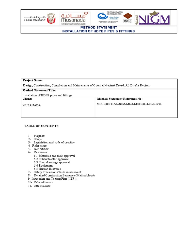 Method Statement Installation of Hdpe Pipes & Fittings | PDF | Pipe (Fluid Conveyance) | Welding