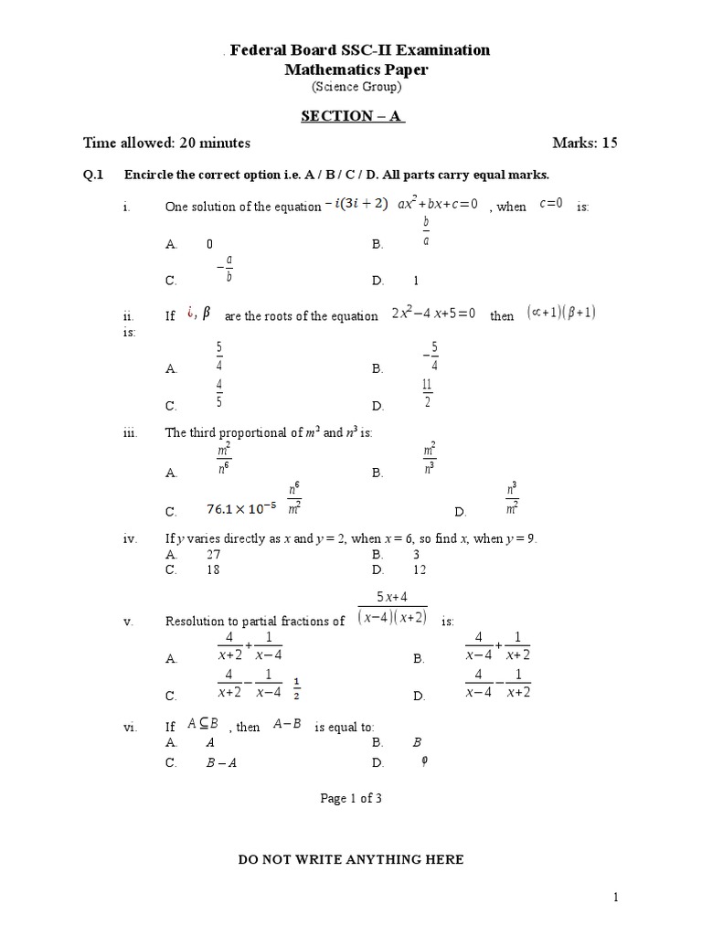 Time Allowed: 20 Minutes Marks: 15: Federal Board SSC-II Examination ...