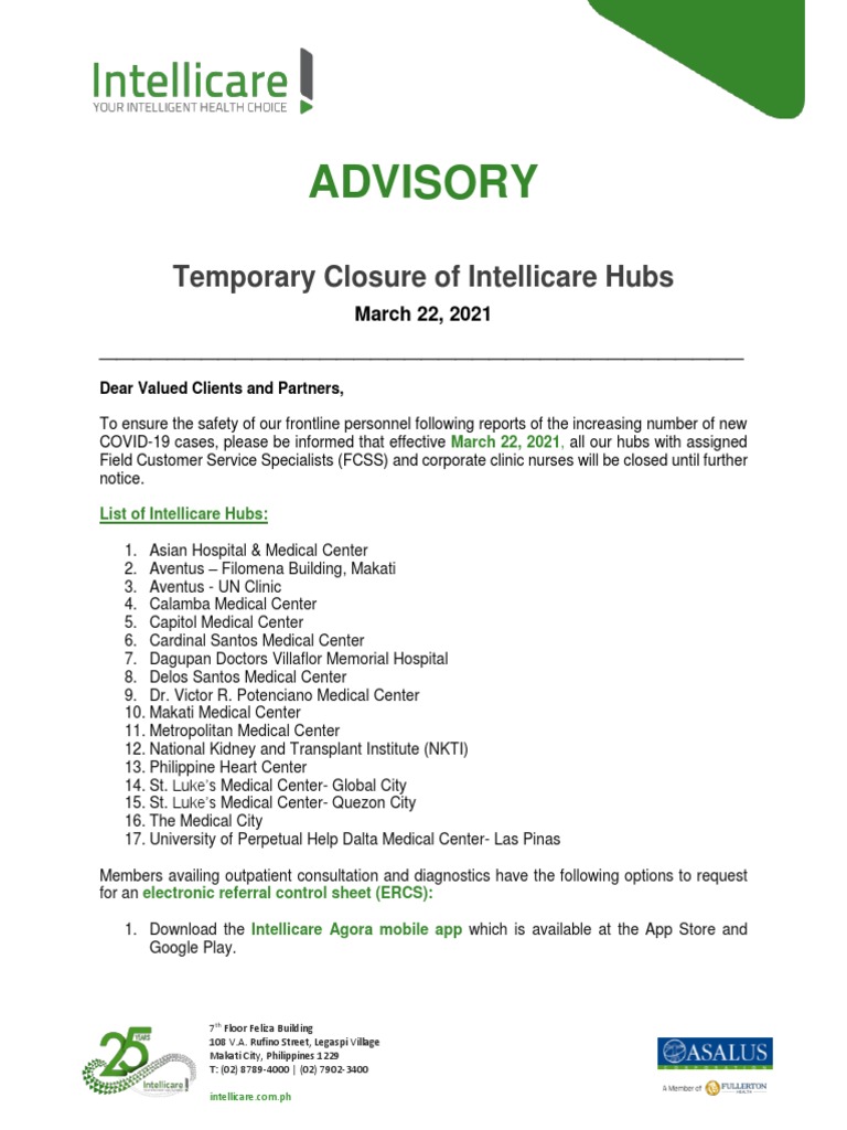 Advisory: Temporary Closure of Intellicare Hubs | PDF | Clinic | Health ...