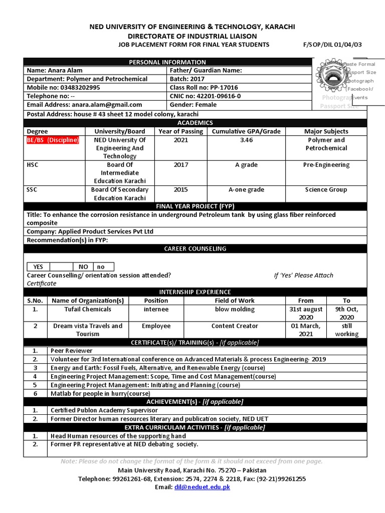 NED UET Job Placement Form 2021 | PDF | Engineering | Further Education