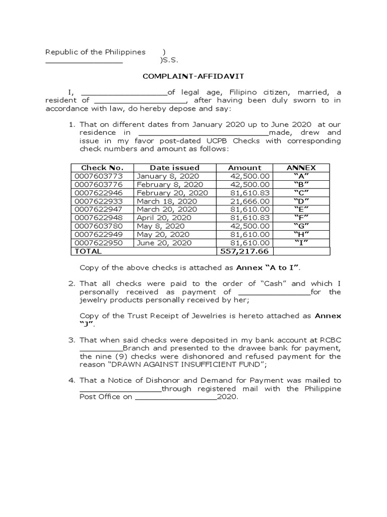 Complaint Affidavit For Violation of BP 22 | PDF | Affidavit | Payments