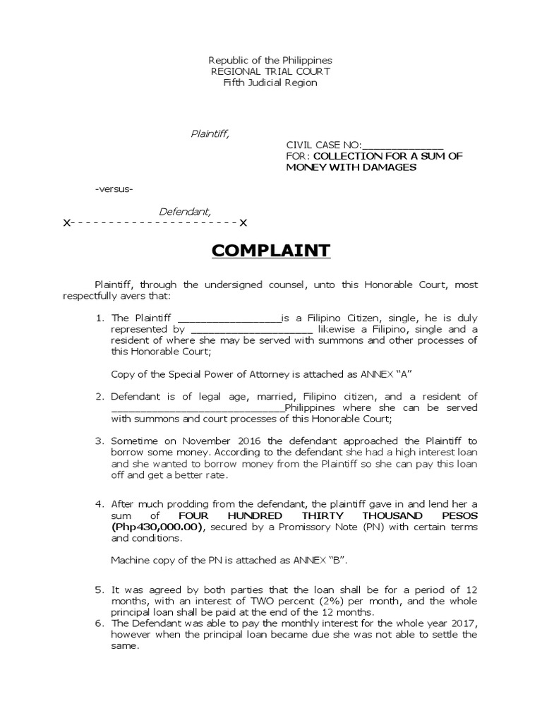 Complaint-Collection For A Sum of Money With Damages - Civil Case | PDF ...