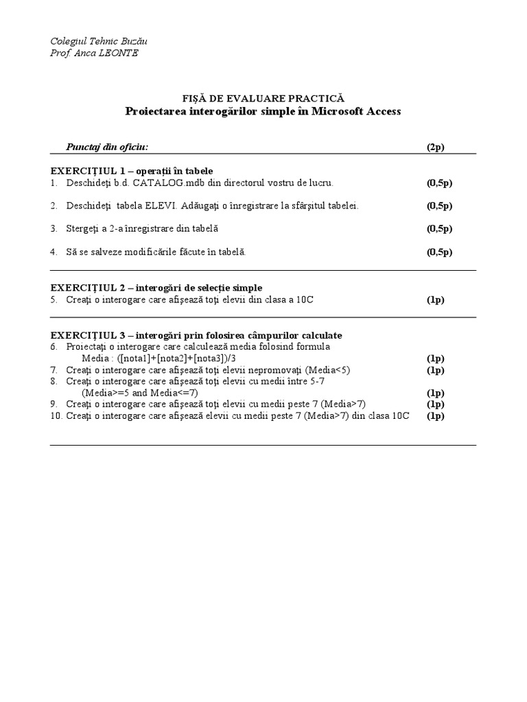 Access Interogari Fisa Lucru | PDF