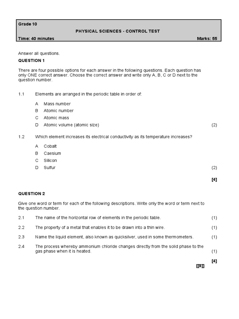 Grade 10 PHYSICAL SCIENCES - CONTROL TEST: Answers and Explanations ...