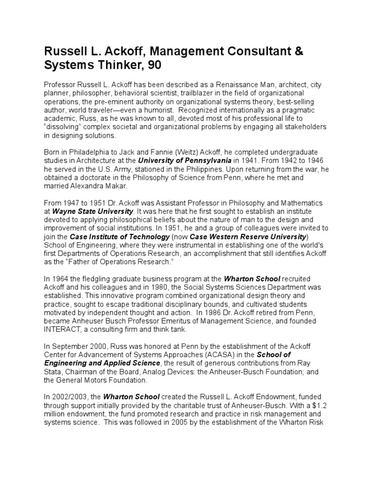 Ackoff: Systems Thinking Pioneer | PDF | University Of Pennsylvania ...