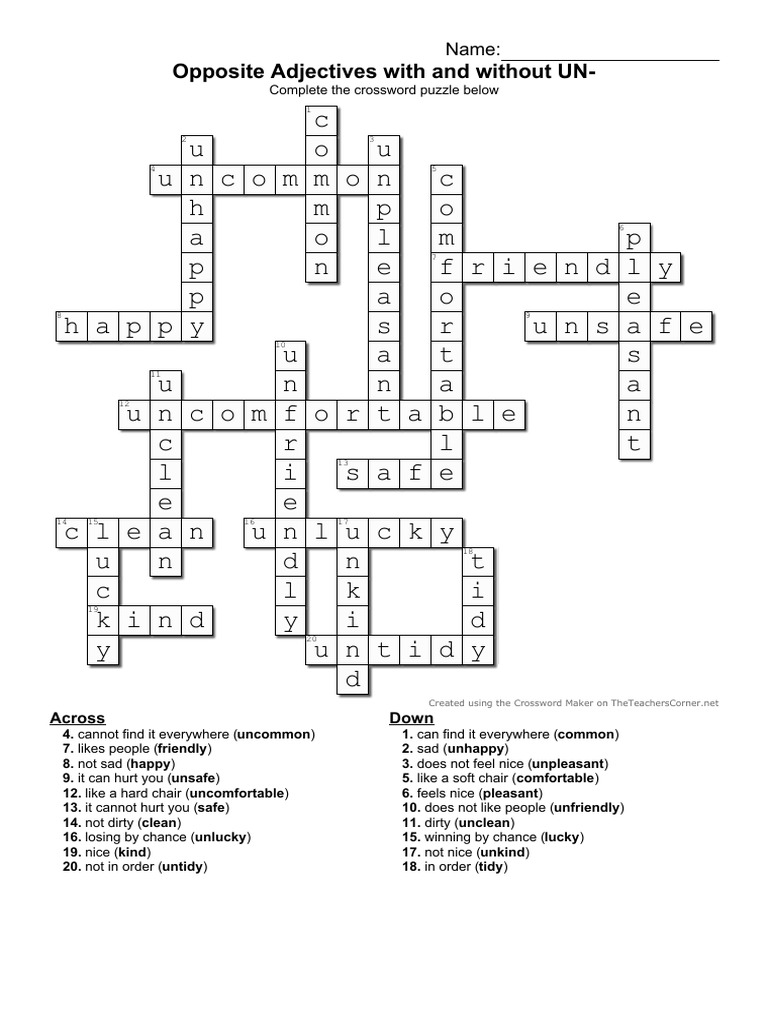 Adjectives With UN - Crossword 1 KEY | PDF | Word Puzzles | Puzzles