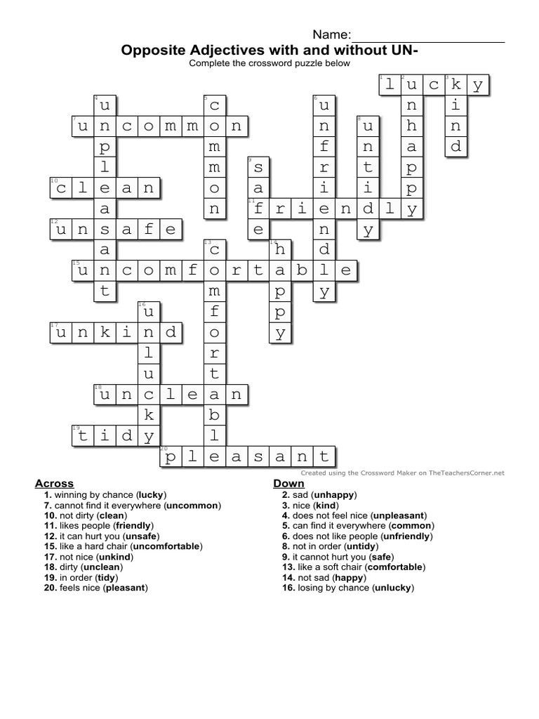 Adjectives With UN - Crossword 2 KEY | PDF | Word Puzzles | Puzzles