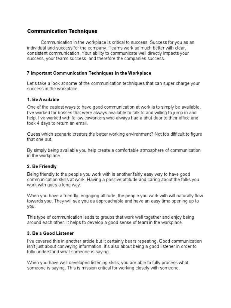 7 Important Communication Techniques in The Workplace | PDF | Body ...