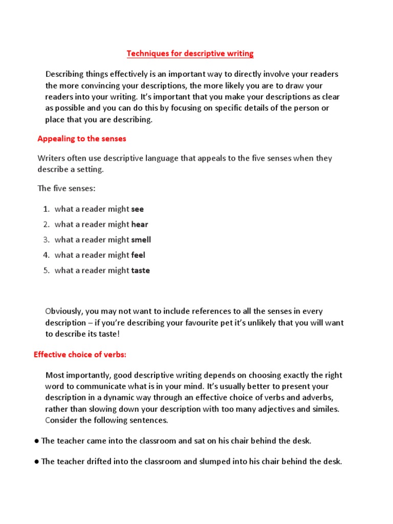 Descriptive Writing Techniques Guide | PDF | Word | Classroom