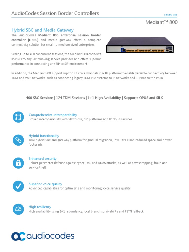 Audiocodes Session Border Controllers Mediant™ 800: Hybrid SBC and Media Gateway | PDF | Session ...