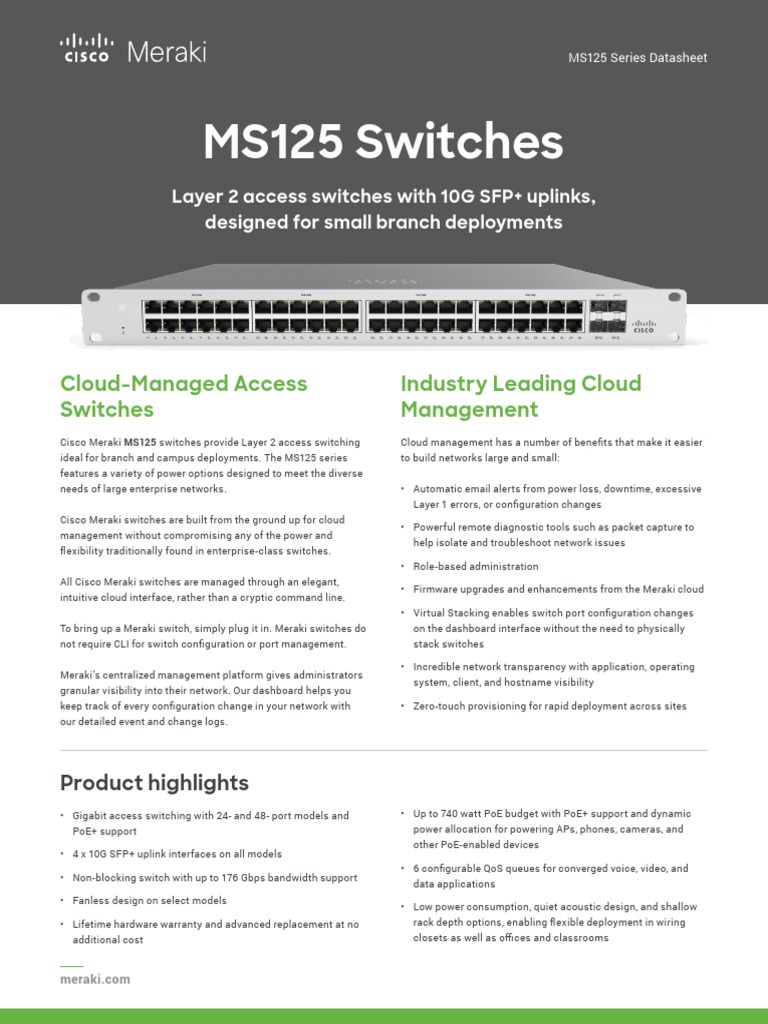 Meraki MS125 Series Switches Overview | PDF | Network Switch | Computer ...