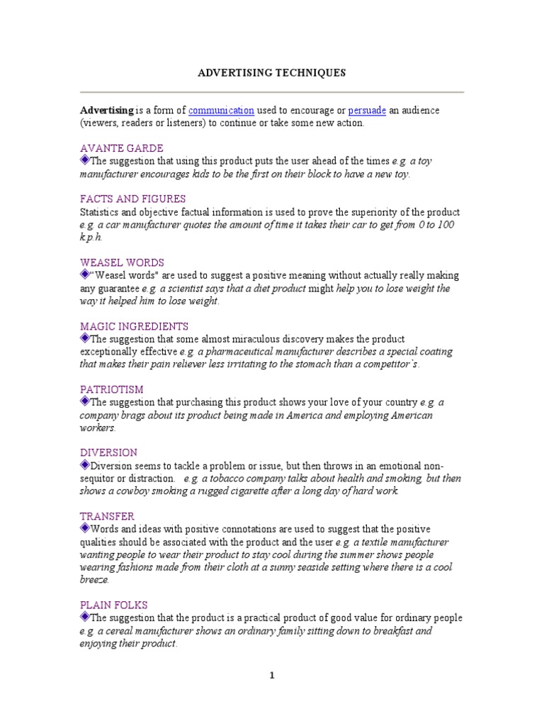 Advertising Techniques: Avante Garde | PDF | Advertising | Brand