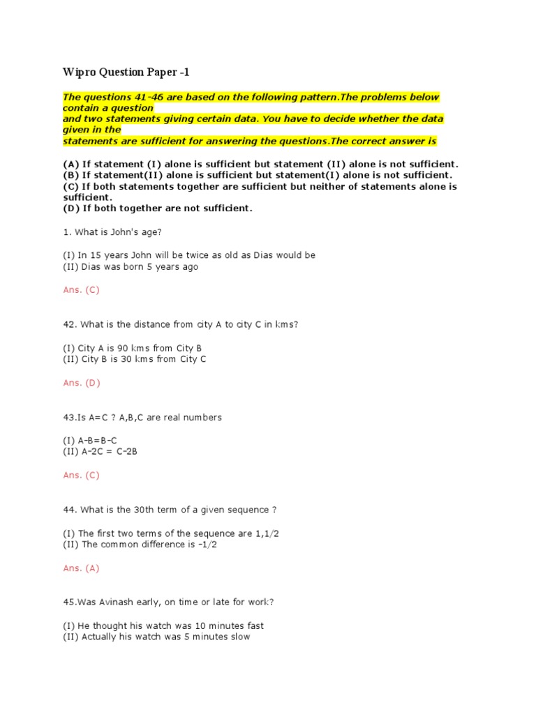 Wipro Question Paper 1 Ans C Pdf Subroutine Class Computer Programming