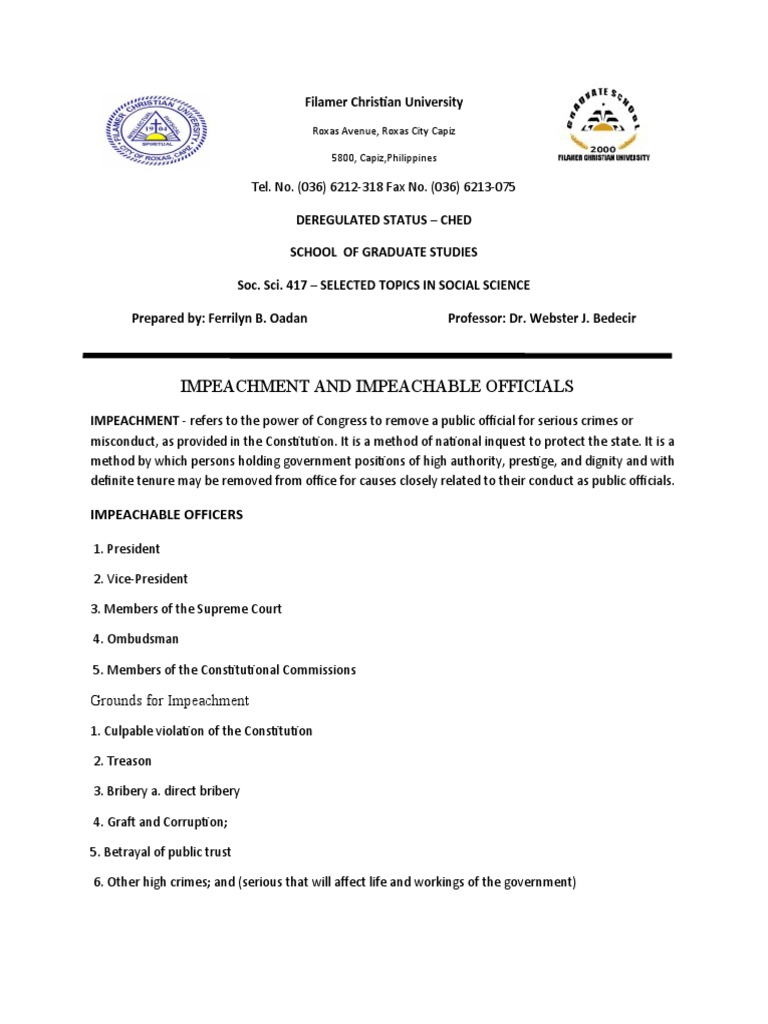 Impeachment and Impeachable Officials | PDF | Impeachment | Government