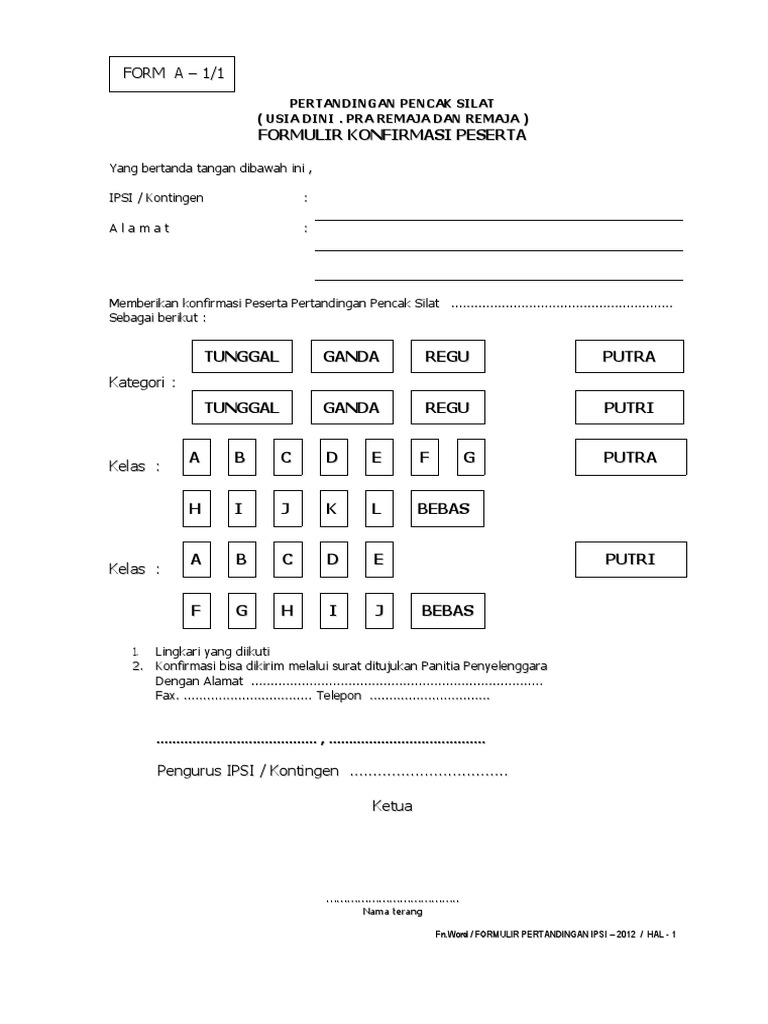 Formulir Pertandingan IPSI - 2012 | PDF