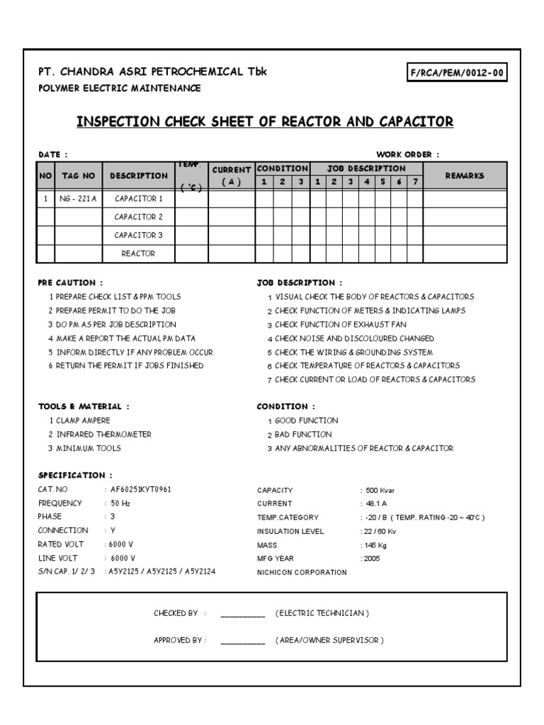 Inspection Check Sheet of Reactor and Capacitor: Pt. Chandra Asri ...