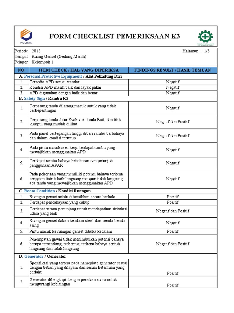 Form Checklist Pemeriksaan K3 | PDF