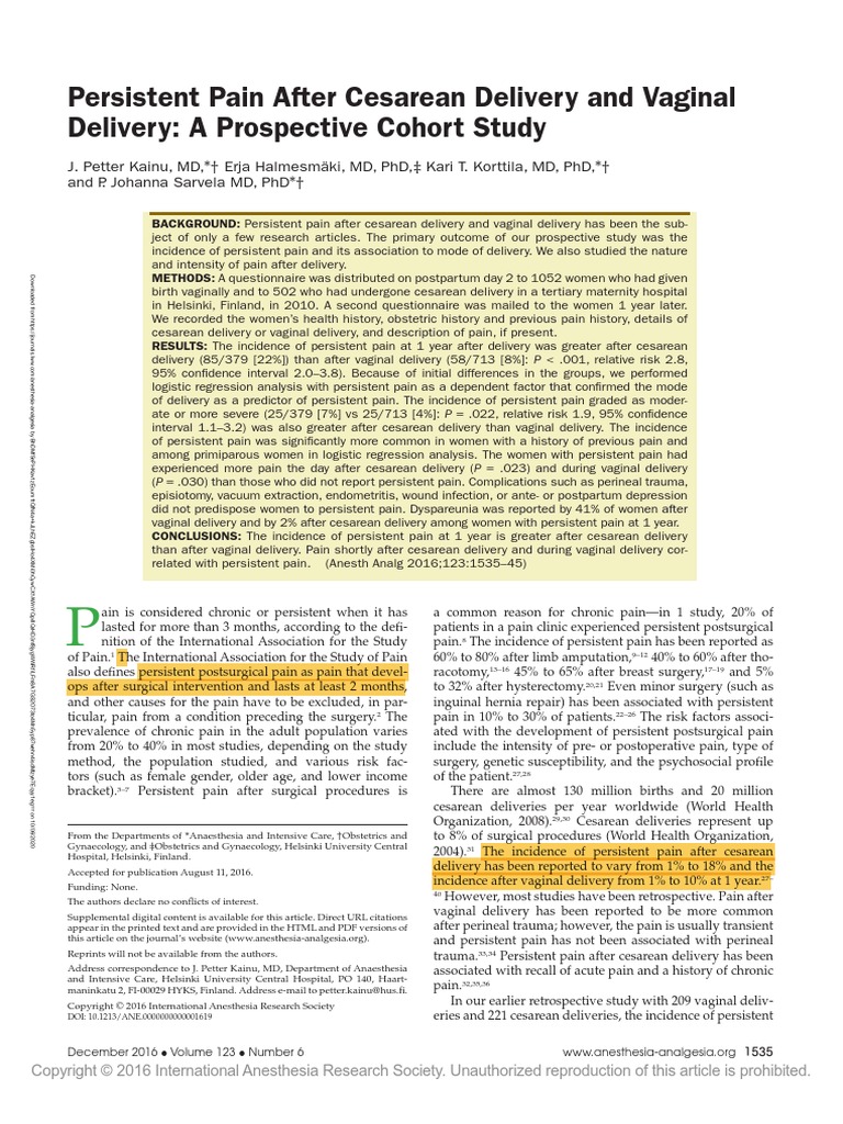 Persistent Pain After Cesarean Delivery And.26 | PDF | Caesarean ...
